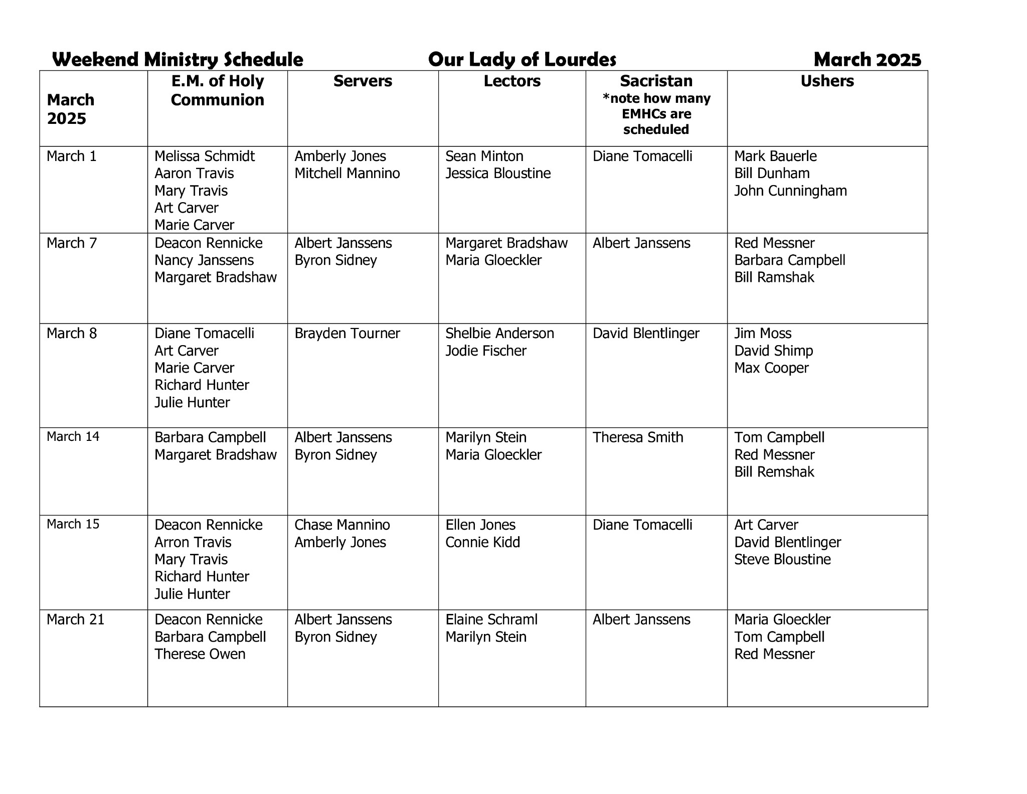 Ministry Schedule